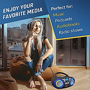 KLIM B3 Portable CD Player - New 2023 - FM Radio CD MP3 Bluetooth AUX USB RGB Lights - CD Boombox - Wired and Wireless Mode with Rechargeable Batteries - Upgraded CD Laser Lens - Digital EQ - Blue