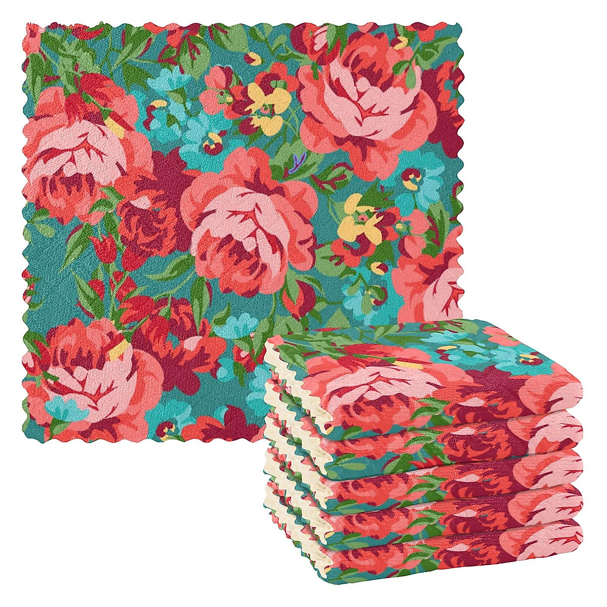 Kcldeci Red Green Rose 6 Pack Dish Cloths for Washing Dishes Kitchen Dishcloth Microfiber Dish Towel Rags Absorbent Reusable Cleaning Drainer Washcloths