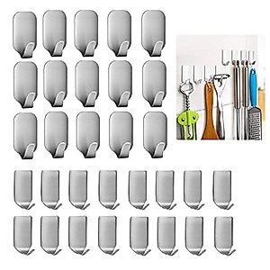 Adhesive Hooks, 32-Pack Heavy Duty Wall Hooks Stainless Steel Waterproof Hangers for Kitchen, Bathroom, Bags, Towel, Coat, Keys, Robe, Home, Offices (16 Small + 16 Big) (Hooks - 32p)
