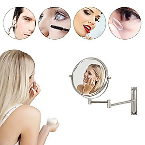 10 times magnification makeup mirror, wall-mounted makeup mirror can be moved up and down 8-inch bathroom double-sided mirror 360-degree rotation, 180-degree retractable folding brushed nickel