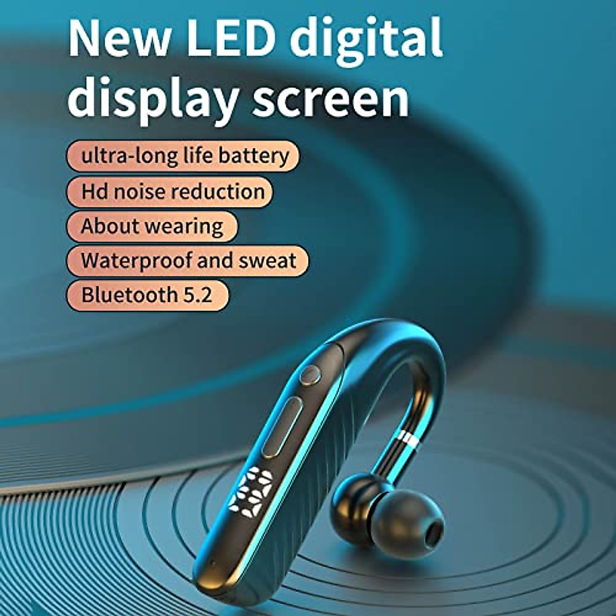 Bluetooth Headset Wireless Bluetooth 5.2 Business Ear Hanging Headphone with Mic, 250mAh LED Digital Display Screen Noise Reduction Sweatproof Earphones for Cell Phone, Car, Office, Sports