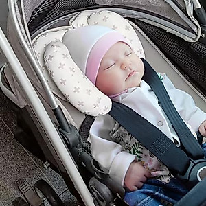 vocheer 2 in 1 Baby Travel Pillow, Baby Head Support Pillow Stroller Pillow with Banana Neck Pillow for Newborn,Light-Grey