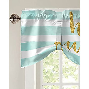 Tie-up Valances for Windows HELLO SUMMER Gold Round Spots on Blue and White Stripes Kitchen Window Curtains Adjustable Farmhouse Valance Curtains for Bedroom Living Room Bathroom 42x12in, 1 Panel