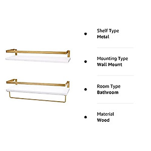 Peter's Goods Modern Floating Shelves with Rail, Modern Brass Finish, Set of 2 Shelves - Wall Mounted Bathroom Wall Shelves with Towel Bar - Also Perfect for Bedroom Decor and Kitchen Storage