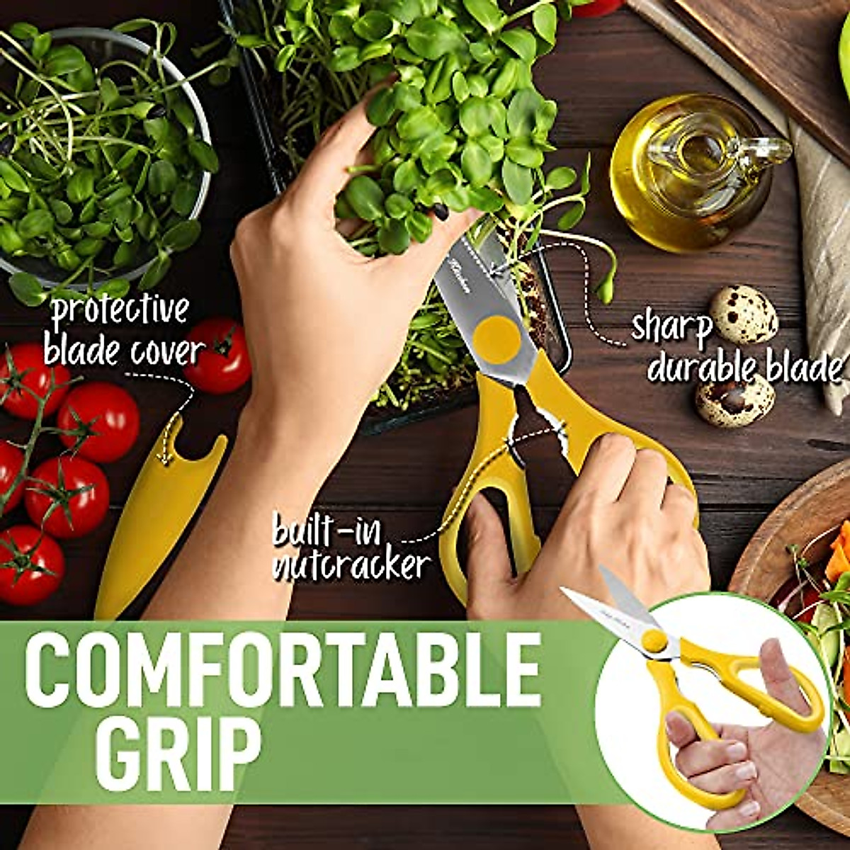 Zulay Kitchen Scissors Heavy Duty - Ultra Sharp Stainless Steel Kitchen Shears With Protective Cover - Multipurpose Food Scissors & Meat Scissors For Poultry, Fish, Herbs, & More (Yellow)