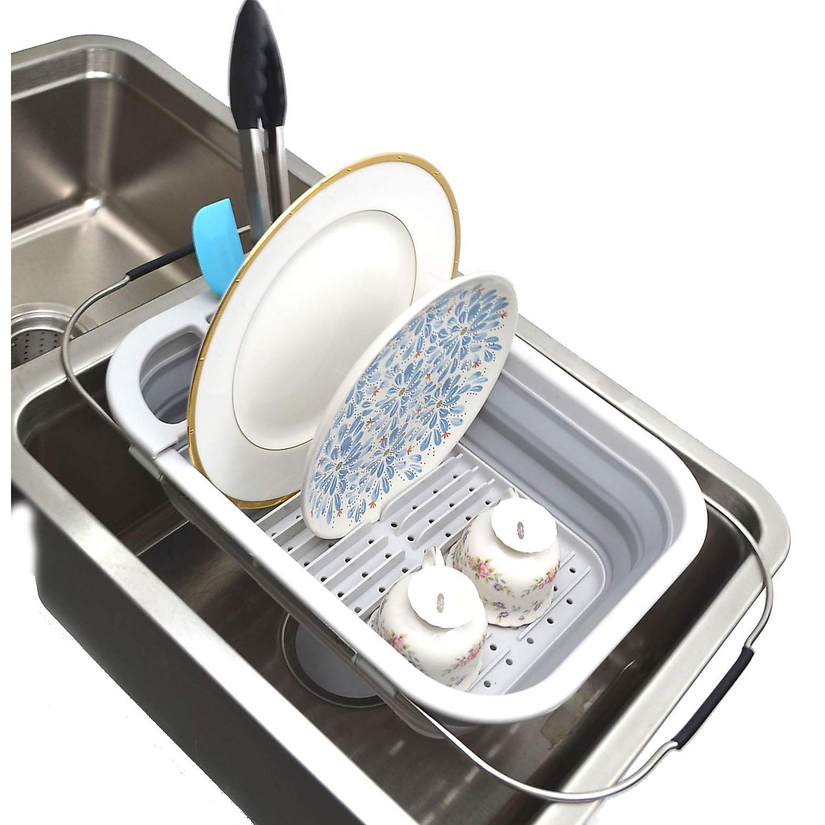 SAMMART Expandable & Collapsible Dish Drainer - Foldable Drying Rack Set - Portable Dinnerware Organizer - Space Saving Kitchen Storage Tray (1, Grey)