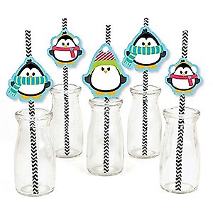 Holly Jolly Penguin Paper Straw Decor - Holiday & Christmas Striped Decorative Straws - Set of 24