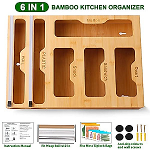 IFSNOW 6 In 1 Ziplock Bag Storage Organizer and Wrap Dispenser With Cutter, Aluminum Foil Organization and Storage for Kitchen Drawer, Bamboo Plastic Bag Organizer for Gallon Quart Sandwich Snack