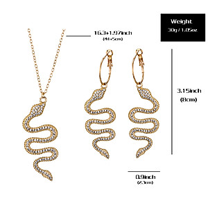 Balirek Snake Earring & Necklace 14K Gold Plated Dangle Earrings Personalized Punk Animal Hypoallergenic Fashion Rhinestone Ear Jewelry Set for Women
