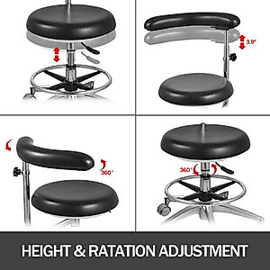 Aries Outlets Black Dental Assistant Stool 360° Rotation Armrest PU Leather Backrest Medical Office