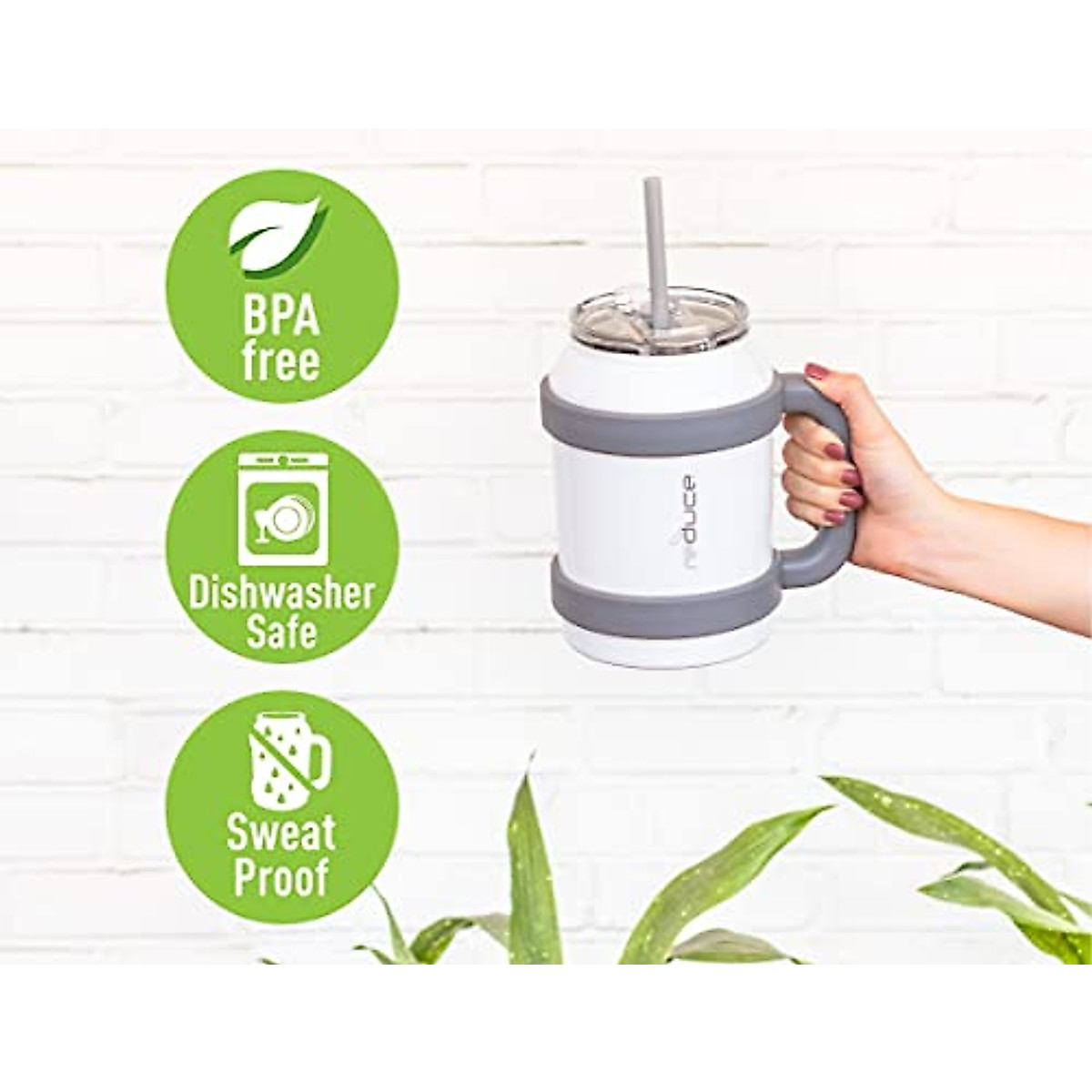 Reduce 50 oz Mug Tumbler with Handle and Straw - Stainless Steel with Sip-It-Your-Way Lid - Keeps Water Cold up to 36 Hours - Sweat Proof, Dishwasher Safe, BPA Free - White, Opaque Gloss