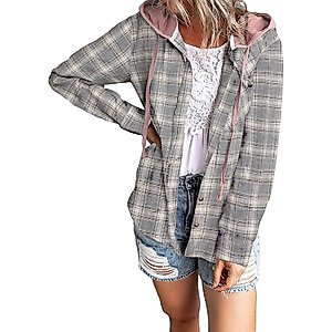 Knemksplanet Women Plaid Hooded Shirt Drawstring Flannel Sweatshirt Hoodie Jacket Casual Button Down Blouse Tops with Pocket Gray