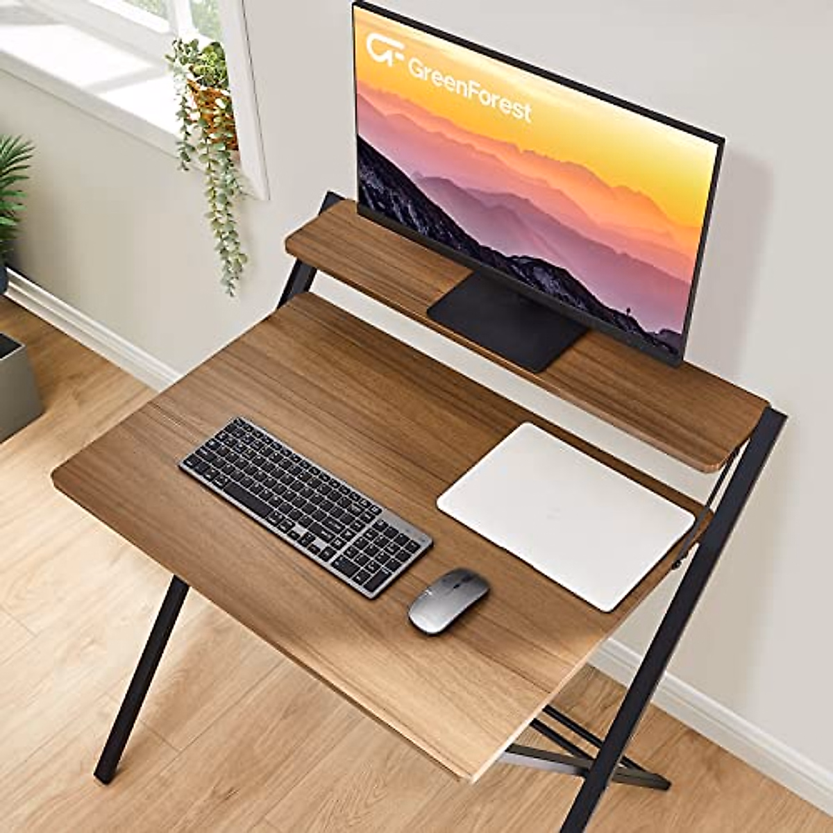 GreenForest Folding Desk No Assembly Required, Computer Desk with 2-Tier Shelf Foldable Table for Small Spaces Fully Unfold 32 x 24.5 inch, Espresso