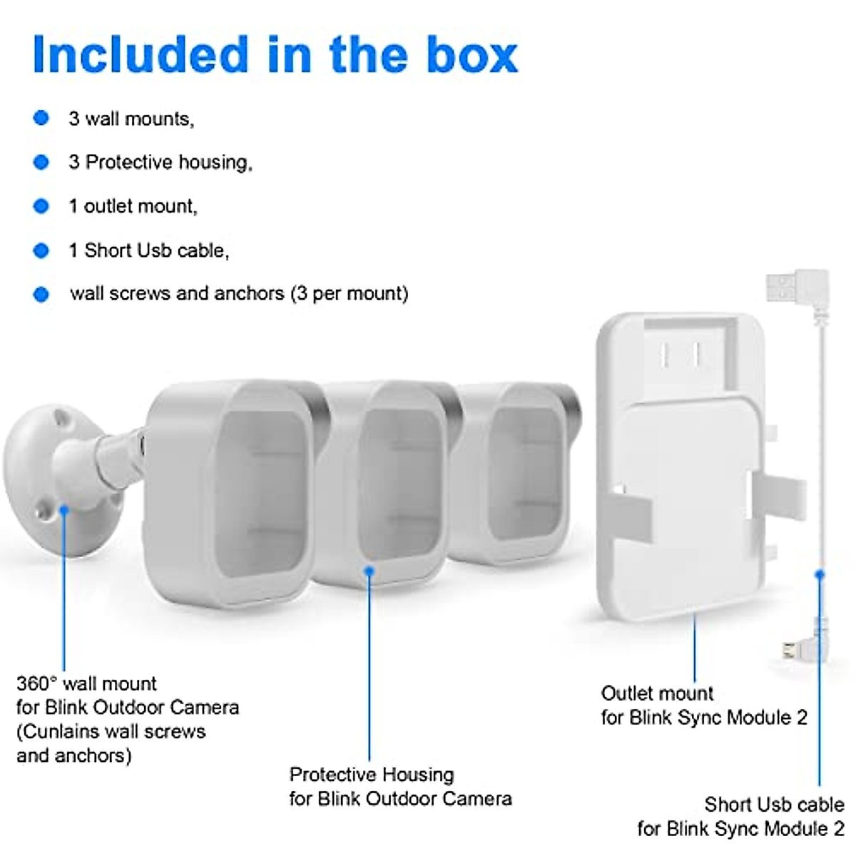 All-New Blink Outdoor Camera Wall Mount, Weatherproof Protective Housing and 360 Degree Adjustable Mount with Blink Sync Module 2 Mount for Blink Outdoor Security Camera System (White 3Pack)