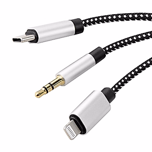 Meamaz 4.26FT MFi Certified Lightning to 1/4 Inch Audio Adapter Cable, Within 1/4 to USB C, AUX to TS Adapter, 3-in-1 Stereo 1/4 Cable for Headphone AMP(Compatible with iPhone)