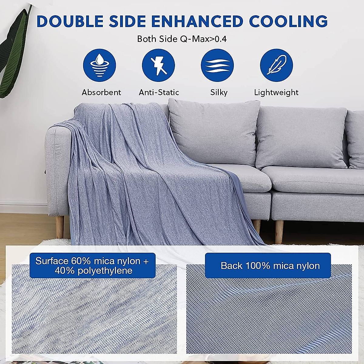 HOMFINE Cooling Blankets for Hot Sleepers - Summer Blanket Thin Lightweight Breathable Soft Double Side Enhanced Cooling Blanket for Bed Couch Sofa, Keep Cool for Night Sweats (Blue, 108 x 90 inches)