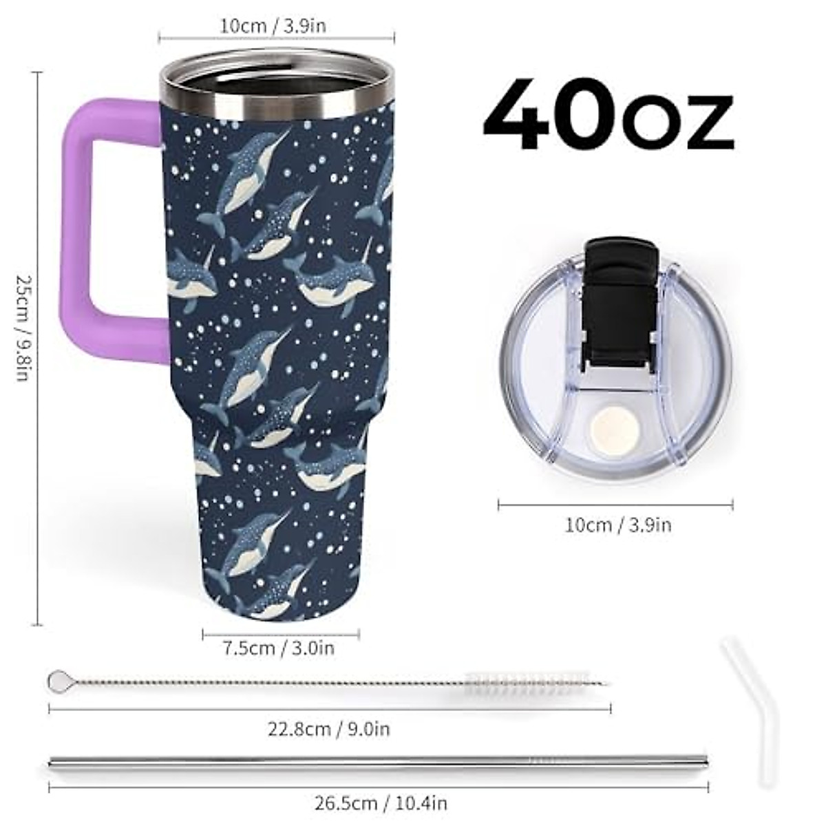 Whales Orcas Narwhals On Navy 40 Oz Tumbler Insulated Stainless Steel Water Bottle Travel Mug Car Cup with Handle And Straw
