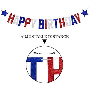 4th of July Happy Birthday Banner, Independence Day Birthday Party Decorations, Patriotic Independence Day Themed Birthday Decorations Blue Red White Glitter