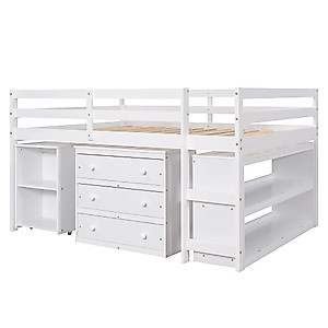 Low Full Loft Bed with Desk and Dresser Wood Kids Loft Beds Frame with Cabinet & Storage Shelves & Rolling Portable Desk for Juniors, Teen, Boys, Girls, Full Size,White