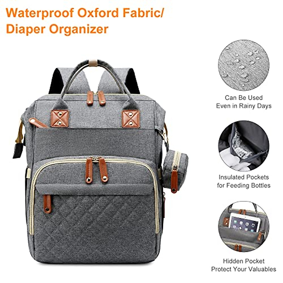 Milecan Diaper Bag Backpack, Unisex Baby Nappy Bags with Changing Pad, Pacifier Case & Stroller Straps&USB Charging Port, Multifunction Waterproof Travel Back Pack for Moms Dads, Grey