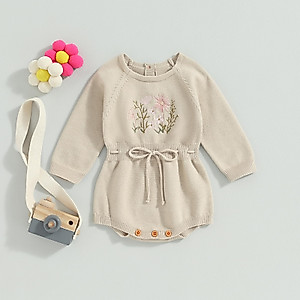 ZAXARRA Baby Girl Sweater Romper Baby Girl Knit Sweater Embroidery Flower Sweatshirt Romper Infant Fall Clothes (Apricot, 0-6 Months)