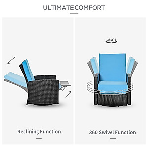 Outsunny Outdoor Wicker Swivel Recliner Chair, Reclining Backrest, Lifting Footrest, 360° Rotating Basic, Water Resistant Cushions for Patio, Light Blue
