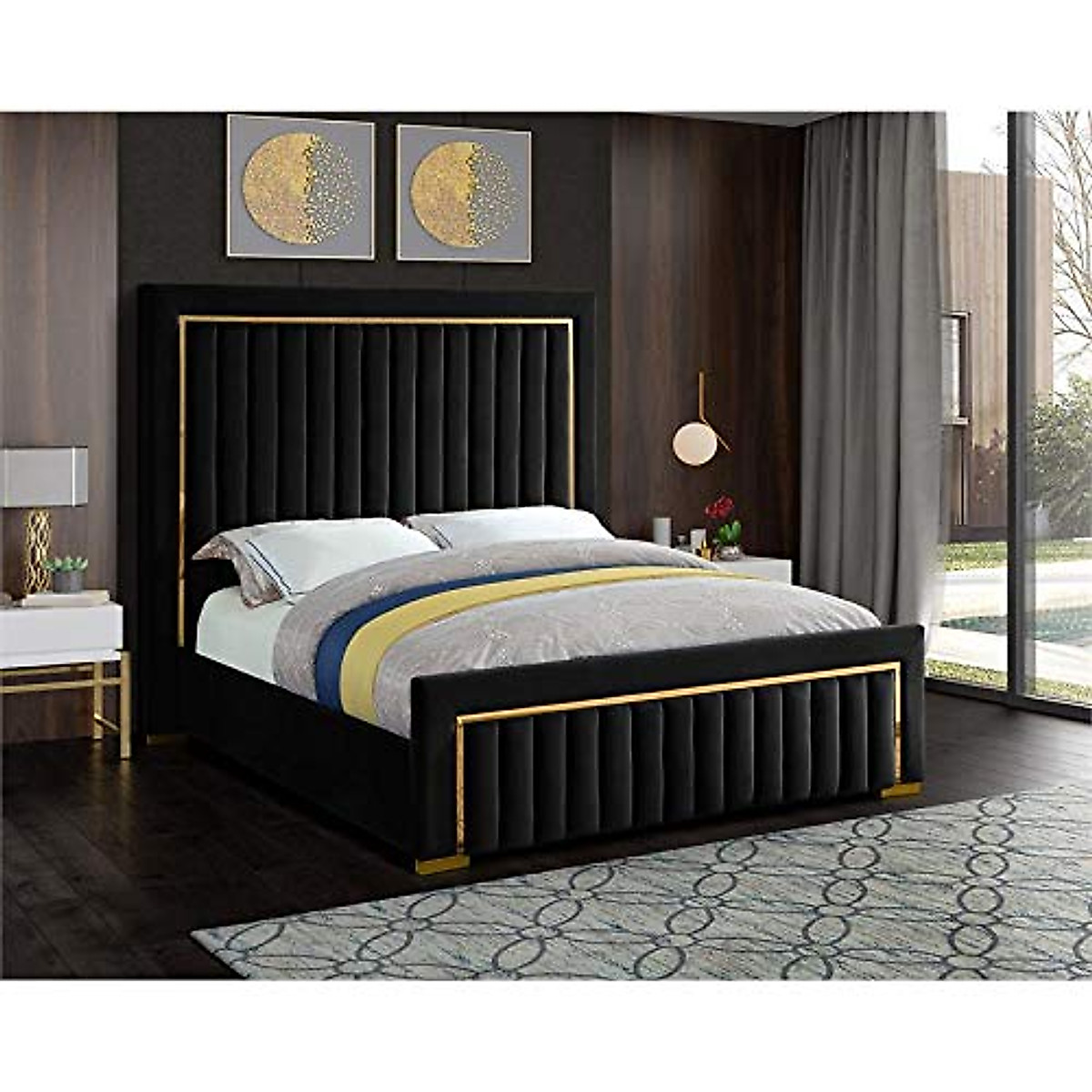 Meridian Furniture Dolce Collection Modern | Contemporary Velvet Upholstered Bed with Luxurious Channel Tufting and Gold Metal Trim/Legs, King, Black