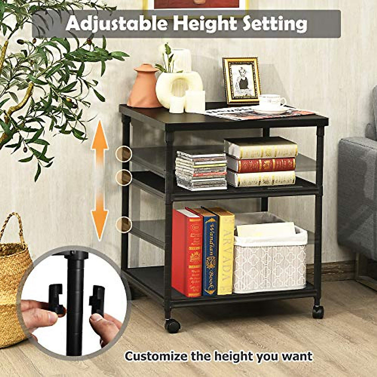 Tangkula 3-Tier Printer Stand Printer Cart, Multifunctional Utility Cart w/ Ample Storage Space, 360° Swivel Rolling & Lockable Wheels, Sturdy Iron Frame, Adjustable Heights, Organizer for Office
