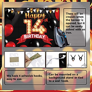 Happy 14th Birthday Black Banner Decorations Gold Backdrop Red and Black Balloons Theme Decor for Girls Women Princess 14 Years Old Birthday Party Supplies Photo Booth Props Background Favors Glitter