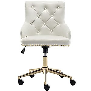 BTEXPERT White PU Leather Golden Base Home Adjustable Tufted Leisure Gold Nail Head Trim Upholstery Bedroom Study Desk Task Accent Arm Tilt Office Chair