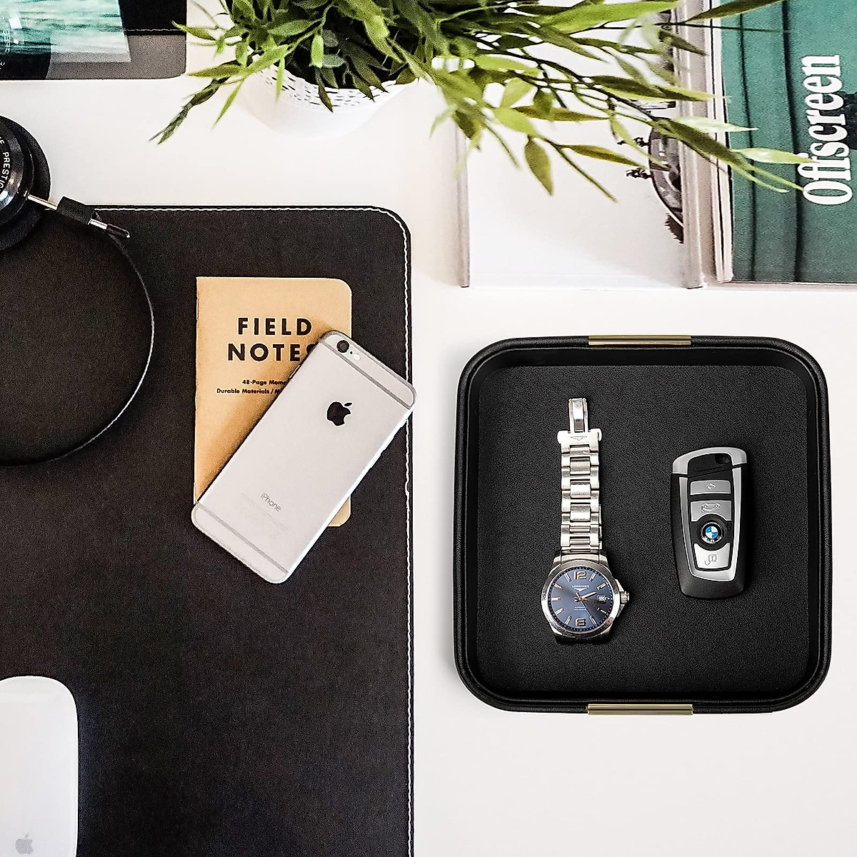 SANZIE Luxury Leather Desktop Storage Small Catchall Organizer Decorative Tray for Entryway Table to Hold Jewelry Watch Cosmetics Keys Phone Wallet, Home & Office Accessories (Metal Glided, Black)