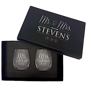 Set of 2 Mr and Mrs Personalized Stemless Wine Glasses - Engraved Custom Monogrammed Glassware Gifts
