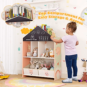 Costzon Kids Bookshelf, Wooden Dollhouse Bookcase with Blackboard, Whiteboard, Toddler Book Shelf with Cubby & 2 Fabric Bins, Toy Storage Organizer for Kids Room, Playroom, Nursery (Pink)