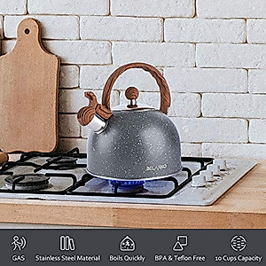 Tea Kettle, 2.3 Quart / 2.5 Liter BELANKO Stainless Steel Tea Kettles, Food Grade Stovetops Tea pot with Wood Pattern Handle Loud Whistling for Tea, Coffee, Milk etc, Gas Electric Applicable - Gray