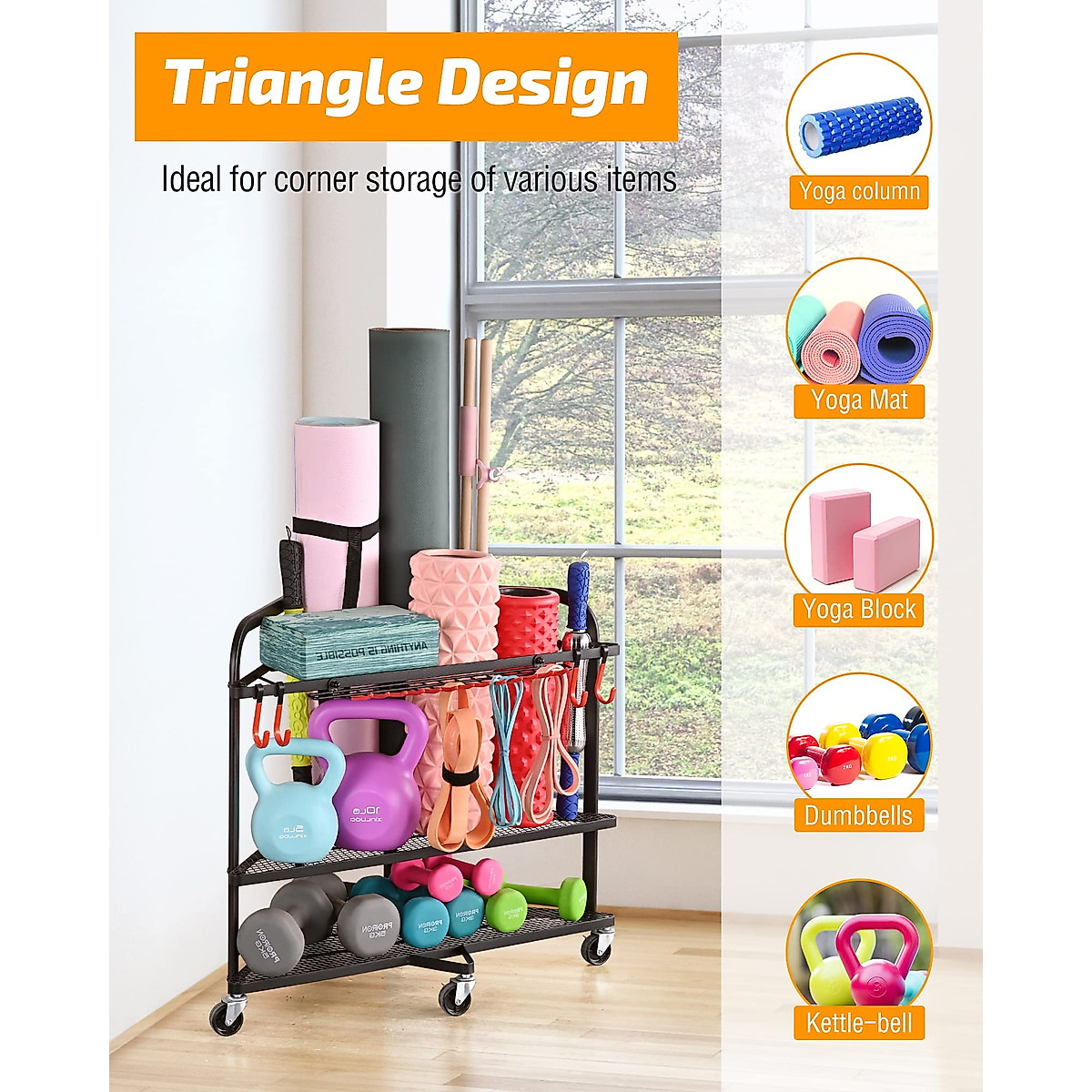 PLKOW Yoga Mat Storage Rack, Home Gym Storage Rack for Yoga Mat, Foam Roller, Resistance Bands, Yoga Block and Dumbbells, Rolling Workout Storage Rack with Wheels and Hooks, Powder Coated Finish Steel