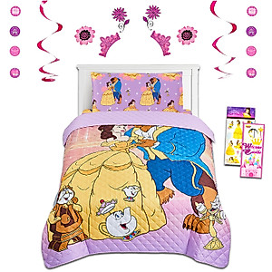 Beauty and The Beast Bedding Twin Bed Set for Girls - Bundle with Belle Bed Sheets with Flat Sheet, Fitted Sheet, Pillowcase, Quilted Bedspread Plus Stickers, More | Beauty and The Beast Sheets Twin