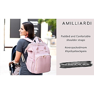 AMILLIARDI Diaper Bag Backpack - 6 INSULATED Bottle Holders - Detachable Stroller Straps (Light Pink)