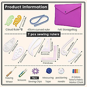 French Curve Ruler for Pattern Making Set,65 PCS Sewing Curve Ruler Kit with Felt Bag, 2 Cloud Ruler,7 Sewing Ruler,Sewing Clips,Tracing Wheel,Curved Ruler and Color Positioning Needle for Sewing