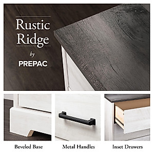 Prepac Rustic Ridge Farmhouse 6-Drawer Chest of Drawers for Bedroom, Wooden Bedroom Drawer Dresser with 6 Storage Drawers, 18.25in x 53.25in x 28.5in, Washed White, ADBR-1606-1