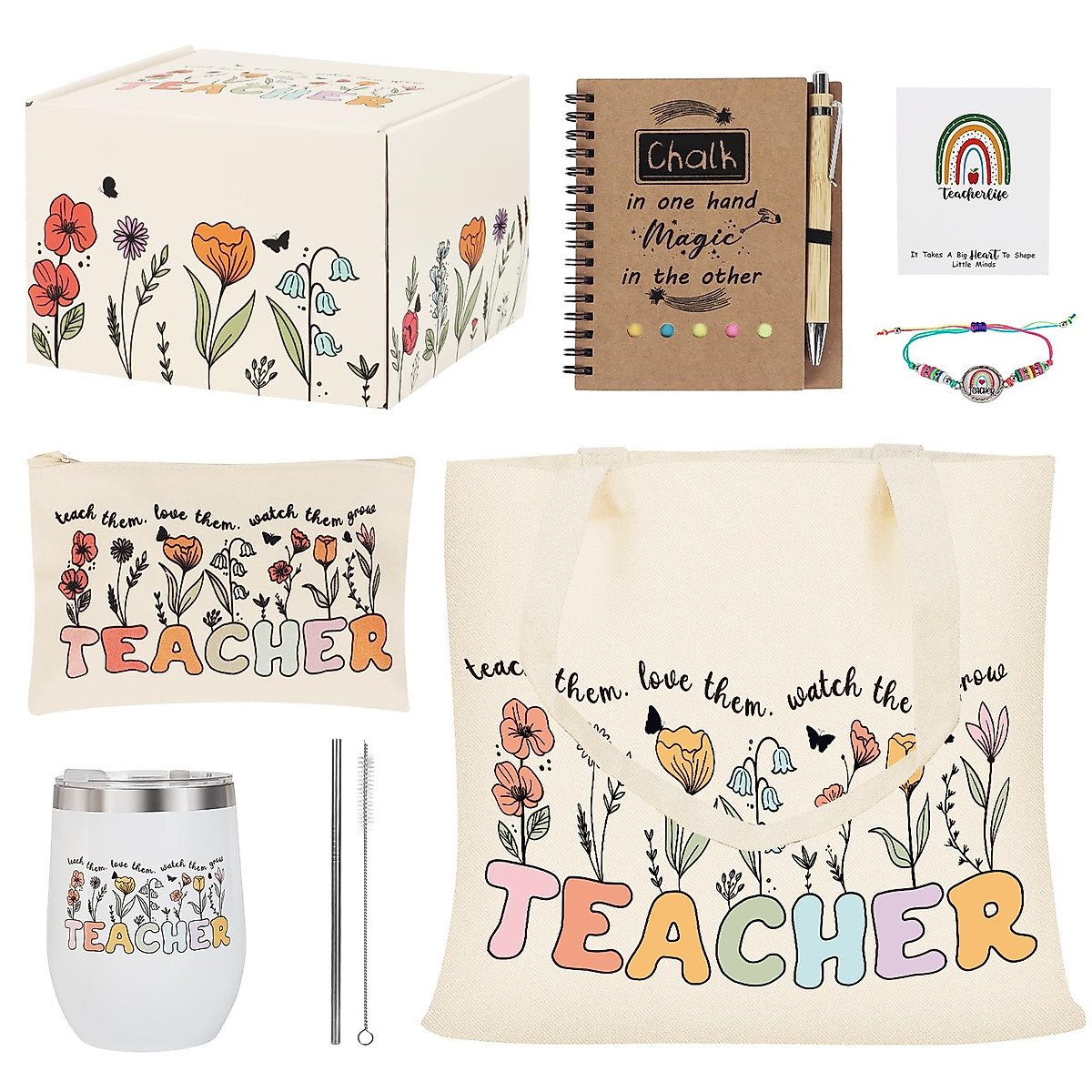 Teacher Appreciation Gifts for Women - 12oz Tumbler, Canvas Tote, Notebook & Pen Set for Christmas/Birthday/Retirement - Perfect for Preschool, Science, English Teachers (Students/Parents Gift Idea)