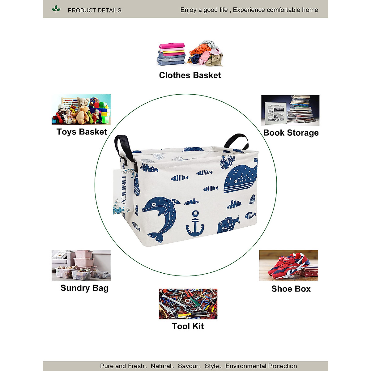 ONOEV Rectangular Folding Laundry Basket, Canvas Basket,Nersury Hamper,Suitable for Children,Office,Bedroom,Clothes,Toys Storage (Blue Whale), 14.9L x10.2Wx9.05H''