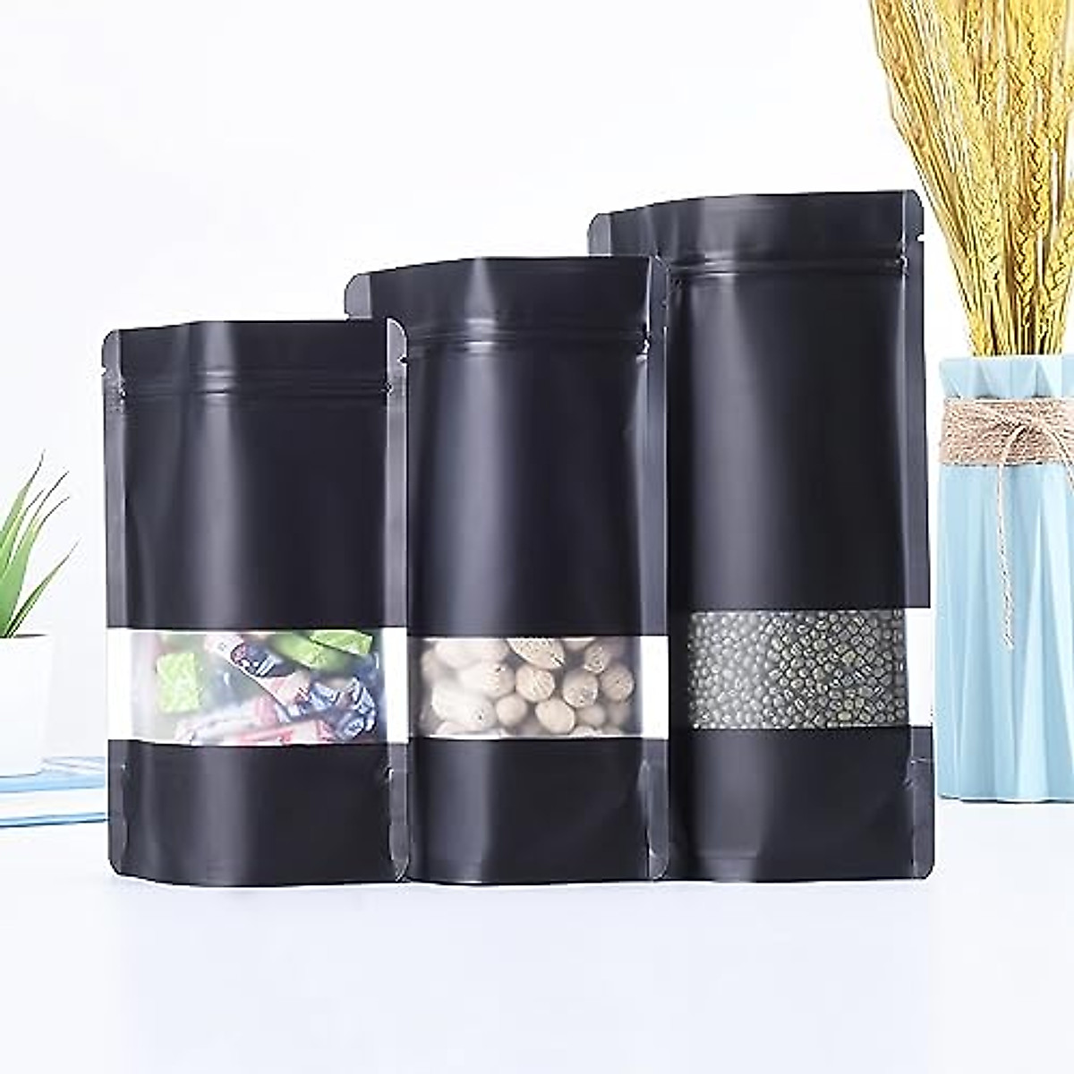 K KAREZOG 50 Pack Black Mylar Bags,Stand Up Pouch Bags with Window,Smell Proof Bag for Food Storage,Black Ziplock Bags Stand Up Foil Pouch Packaging Bags(Black, 16x24cm -50 pcs)