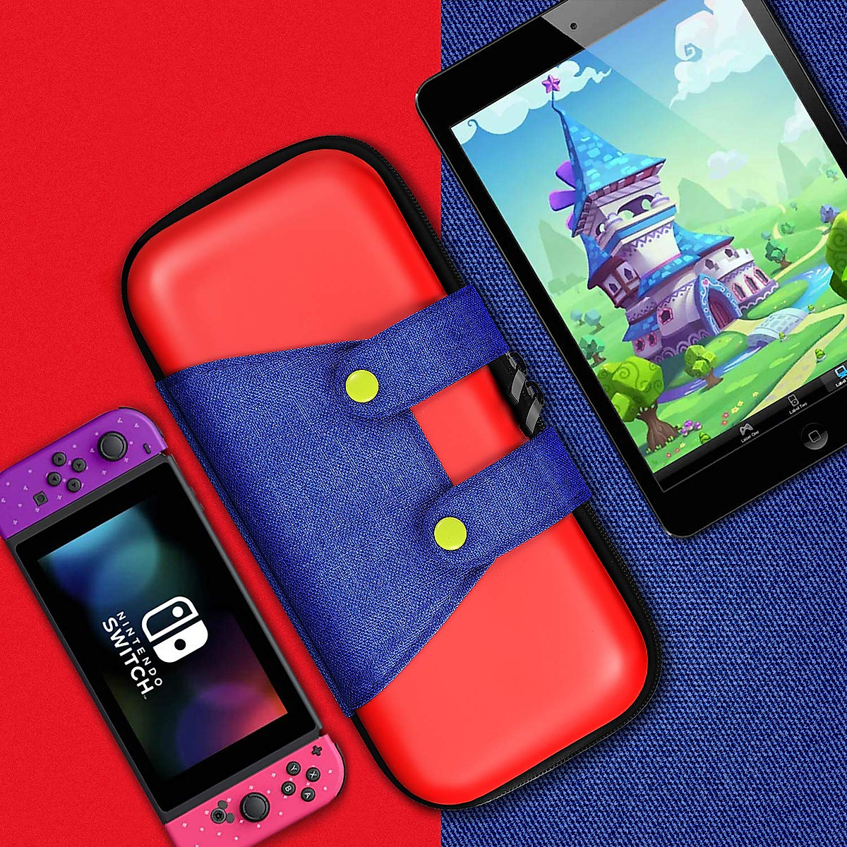 TNP Travel Case for Nintendo Switch Mario Theme Portable Travel Carry Hard Shell EVA Material Pouch Traveler Deluxe Cover with Strap Handle for Switch Console, Joy Con Controller, Game Card Holders