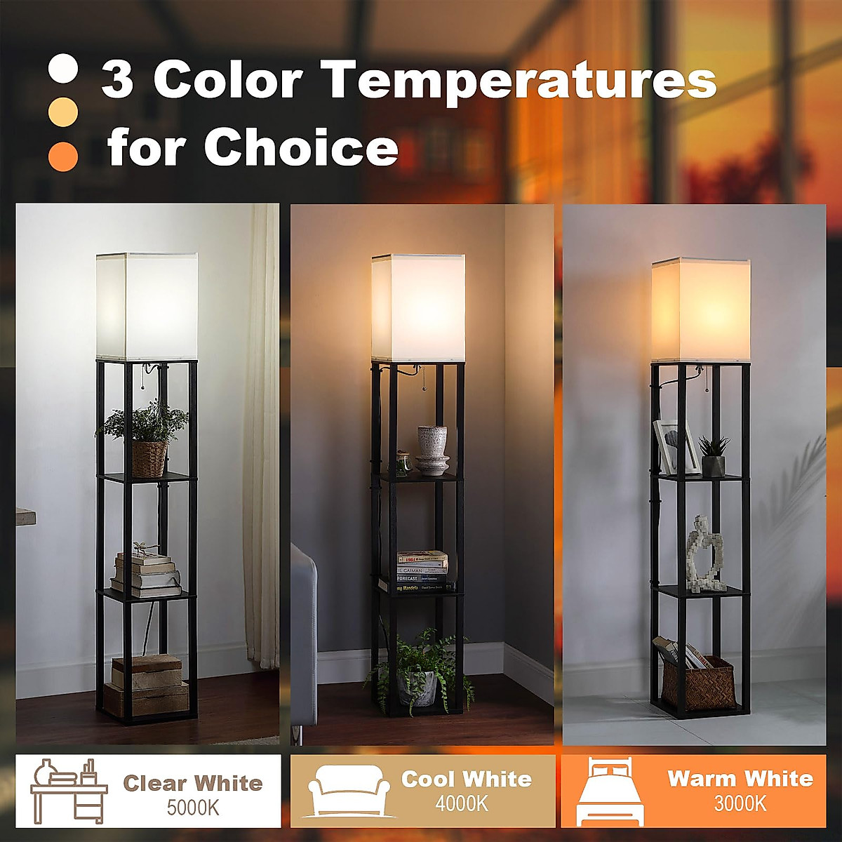 YAMEIWAN Floor Lamp with Shelves, Shelf Floor Lamps for Living Room with 3CCT LED Bulb, Modern Corner Square Display Standing Lamp with 4-Tier Tall Bookshelf Lamp for Bedroom Office