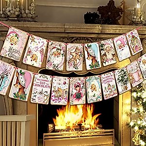 Pink Christmas Decorations Vintage Style Santa Claus Elk Gingerbread Banner Merry Christmas Hanging Banner for Home Office Party Fireplace Christmas Party Supplies