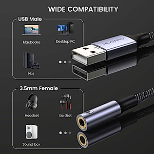 MOSWAG USB to Audio Jack Adapter 0.65Feet/20cm, External Sound Card Jack Audio Adapter with 3.5mm Aux Stereo Converter Compatible with Headset, PC, Laptop, Linux, Desktops, PS4 and More Device