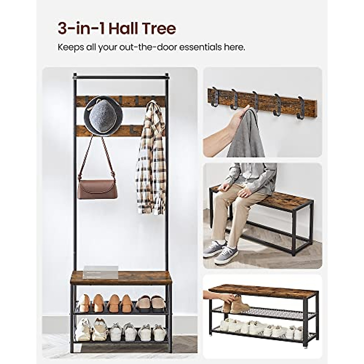 VASAGLE Hall Tree with Bench and Shoe Storage, Entryway Bench with Coat Rack Stand and Shoe Rack, 9 Removable Hooks, Top Bar, Fabric Shelves, Industrial, Rustic Brown and Black UHSR411B01