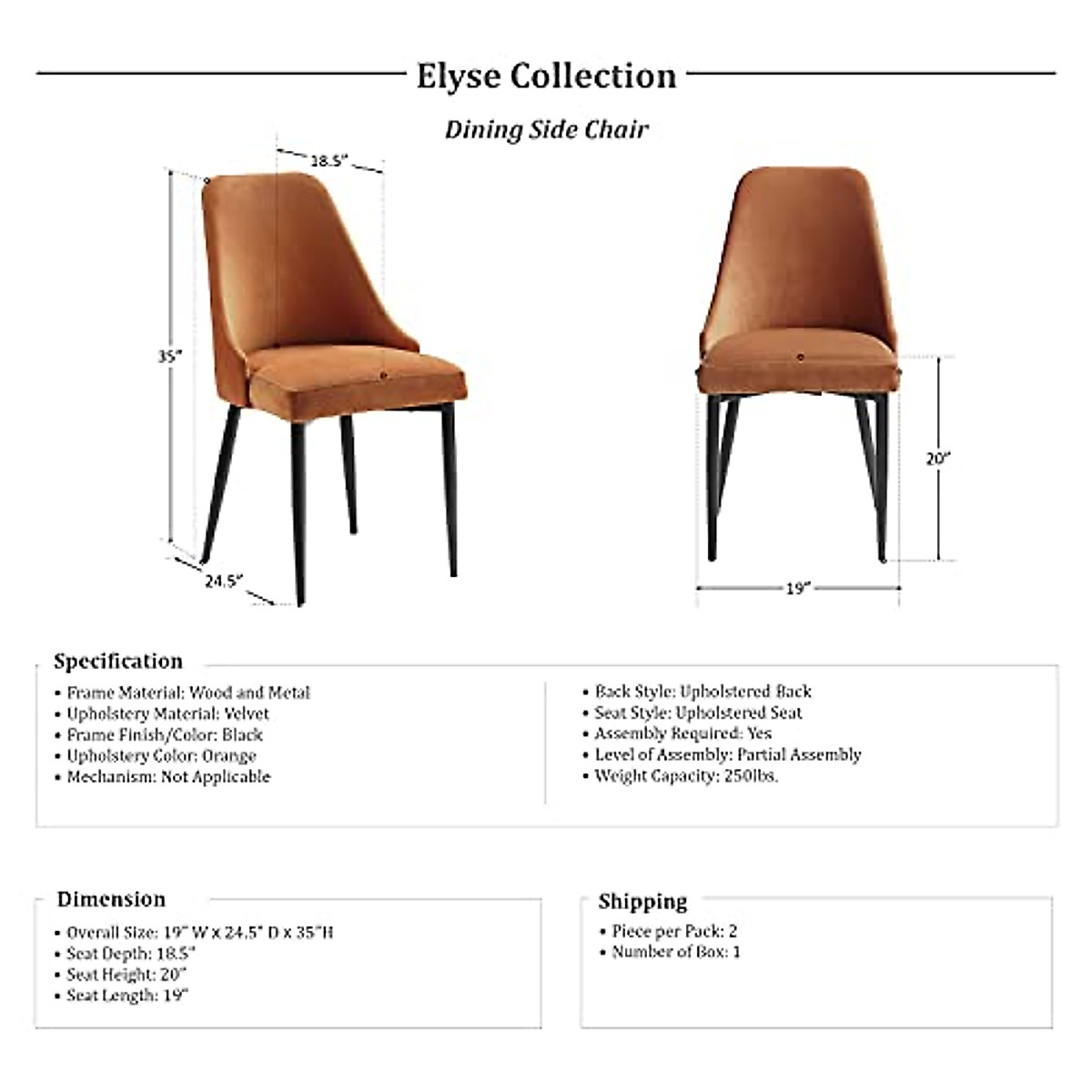 Lexicon Elyse Dining Chair (Set of 2), Orange