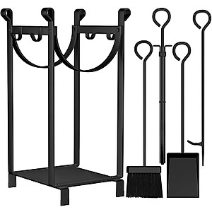AMAGABELI GARDEN & HOME Firewood Rack Outdoor Indoor Heavy Duty Fireplace Tool Rack Firewood Holder Outdoor Wood Rack With 4 Pcs Tools Wrought Iron Wood Storage Log racks For Wood Stove Black
