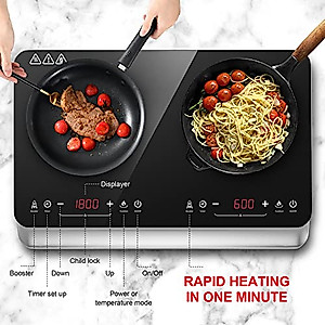 COOKTRON Double Induction Cooktop Burner with Fast Warm-Up Mode, 1800w 2 Induction Burner with 10 Temperature 9 Power Settings, Portable Dual Induction Cooker Cooktop with Child Safety Lock & Time